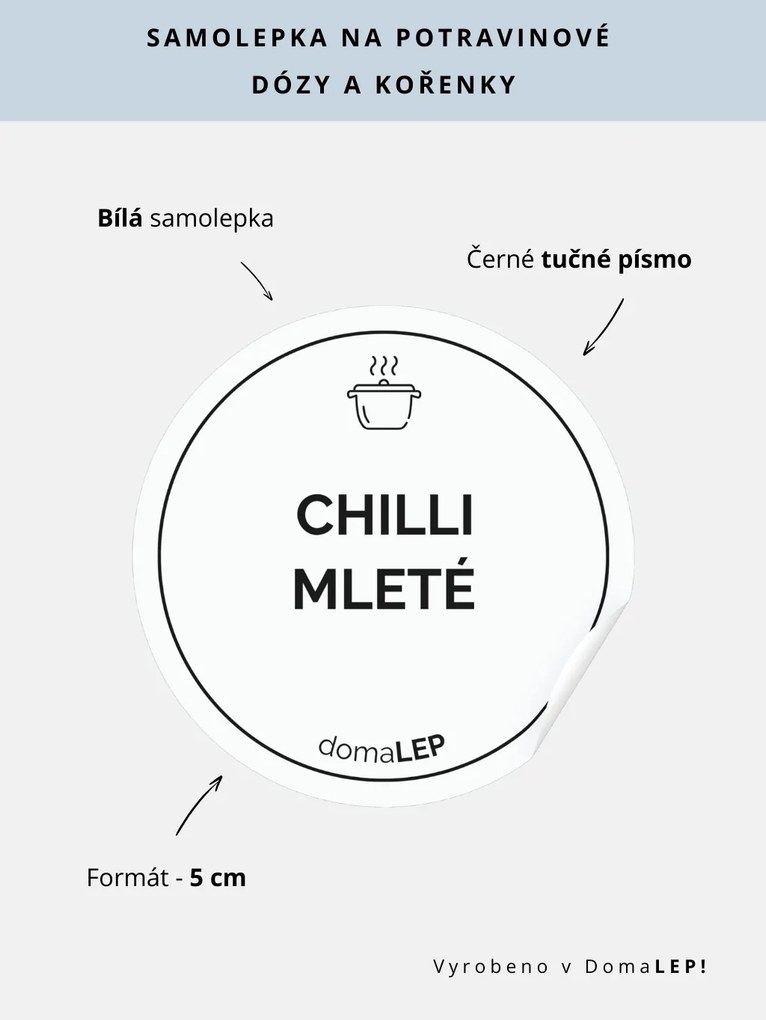 Samolepka na kořenky CHILLI MLETÉ bílá 5 cm tučné písmo