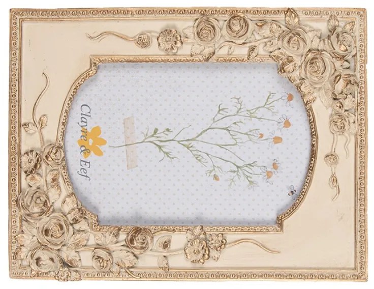 Béžovo zlatý fotorámeček Caroline s plastickou aplikací ve tvaru růže – 10x15 cm