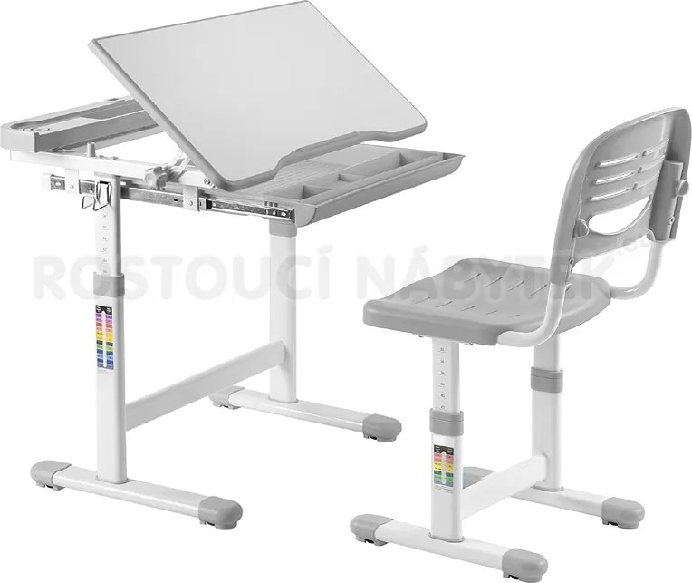 Dětský rostoucí set AMANDO bílo-šedý + LED lampa + držák knih