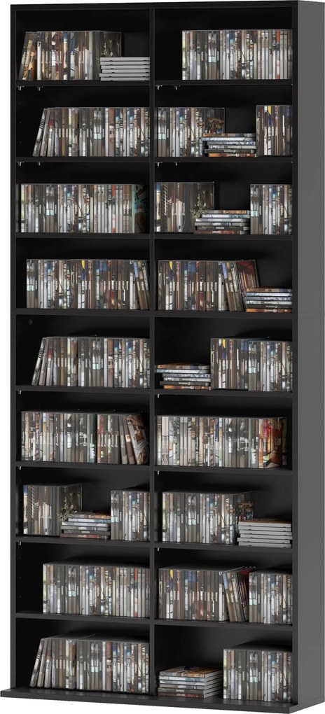HOMCOM Moderní CD Kniha s 18 policemi pro 640 CD, Šatní skříň na CD z DTD, 78,5x24x175 cm, Černá