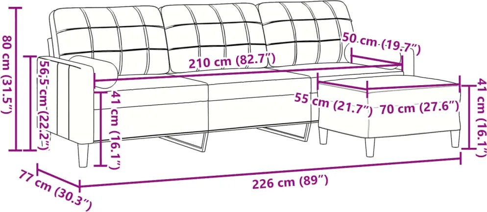 3místná pohovka s podnožkou vínová 210 cm samet 3278281