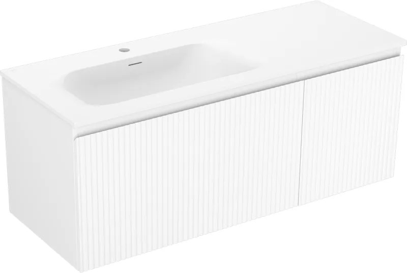 Mexen Rivel, koupelnová skříňka 120 cm s levým umyvadlem Vela, 1S, 1D, drážkovaná, bílá matná, 91A23-12047-3-BBFF01-W23L01