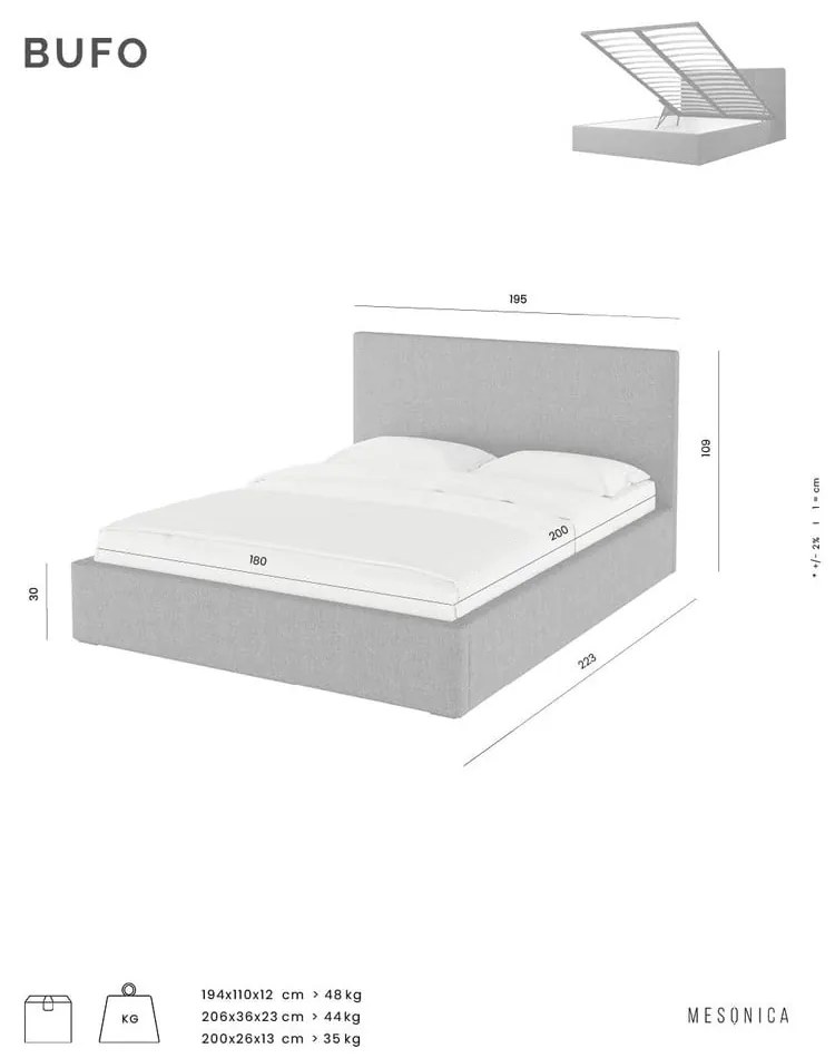 Šedá čalouněná dvoulůžková postel s úložným prostorem s roštem 180x200 cm Bufo Bed – MESONICA