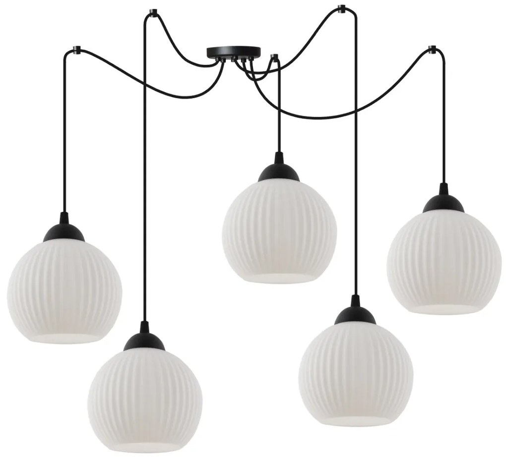 Závěsné svítidlo Riffle Round Spider, 5x bílé skleněné stínítko, b
