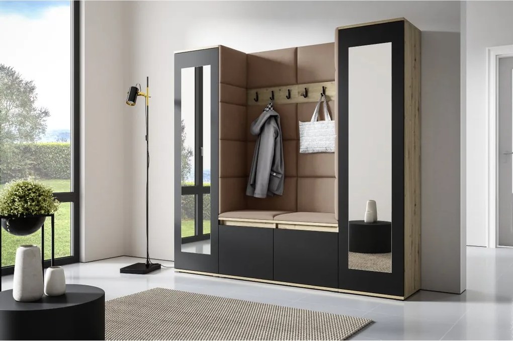 Eka Předsíňová stěna s čalouněnými panely Trinity 31 - Dub Artisan s černou / Béžová 2304