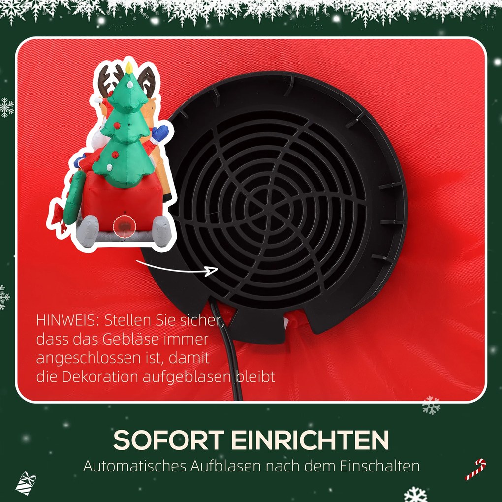 Outsunny Nafukovací vánoční dekorace, Santa Claus v sobím saních, polyesterová látka, LED světla, barevné