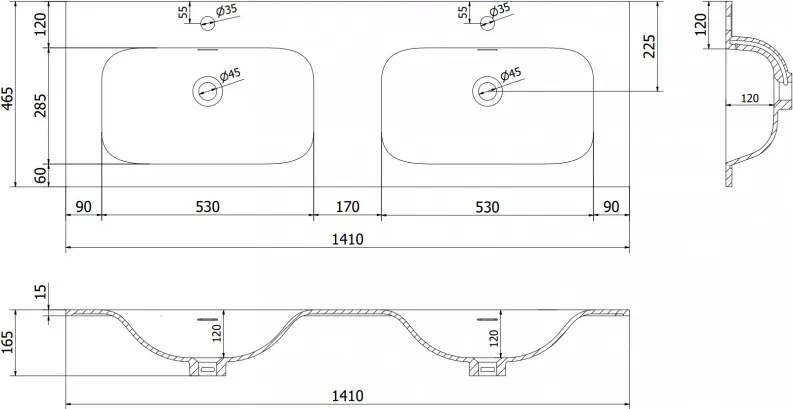 Mexen Vela, dvojité umyvadlo zapuštěné do desky, 141 × 46,5 cm, černá matná, 25231471D