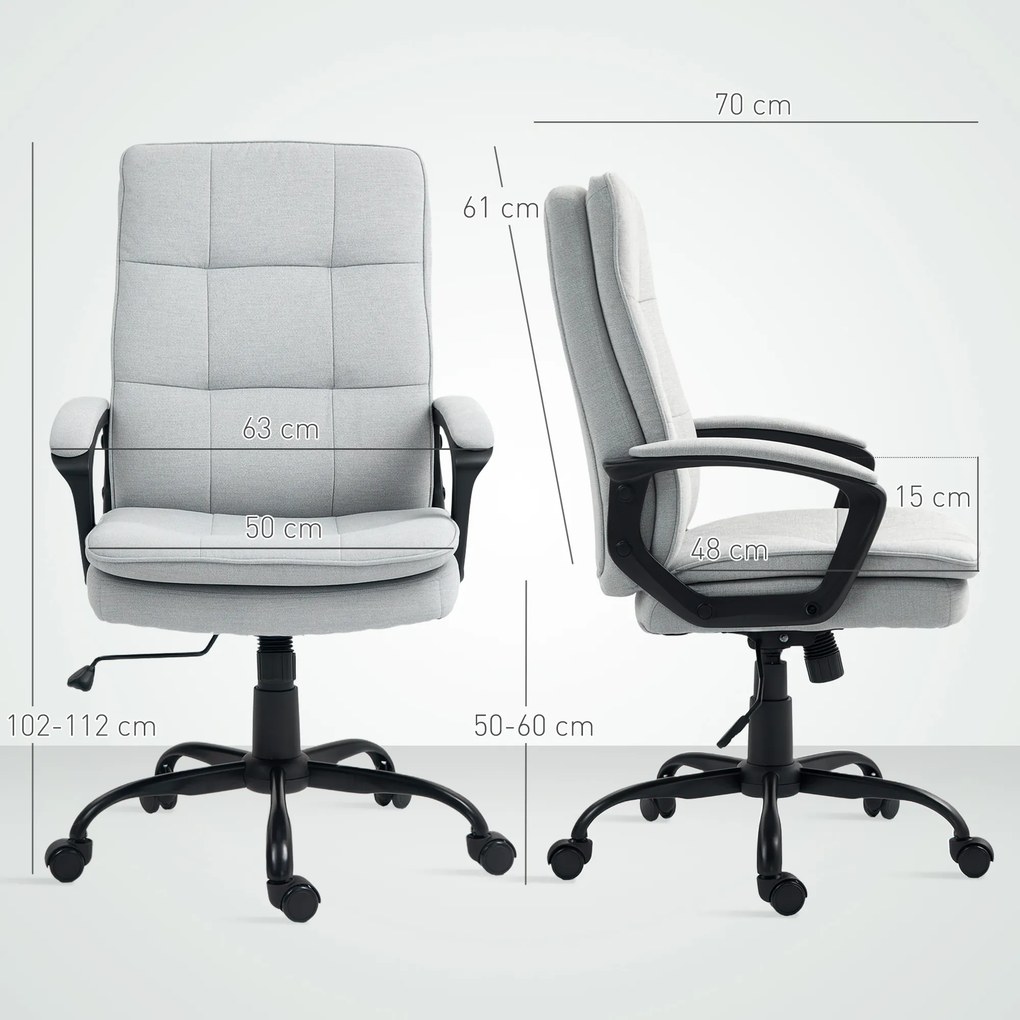 Ergonomická kancelářská židle HOMCOM s opěrkami, výškově nastavitelná otočná židle s houpací funkcí, vzhled lnu, tuftovaná počítačová židle, šedá