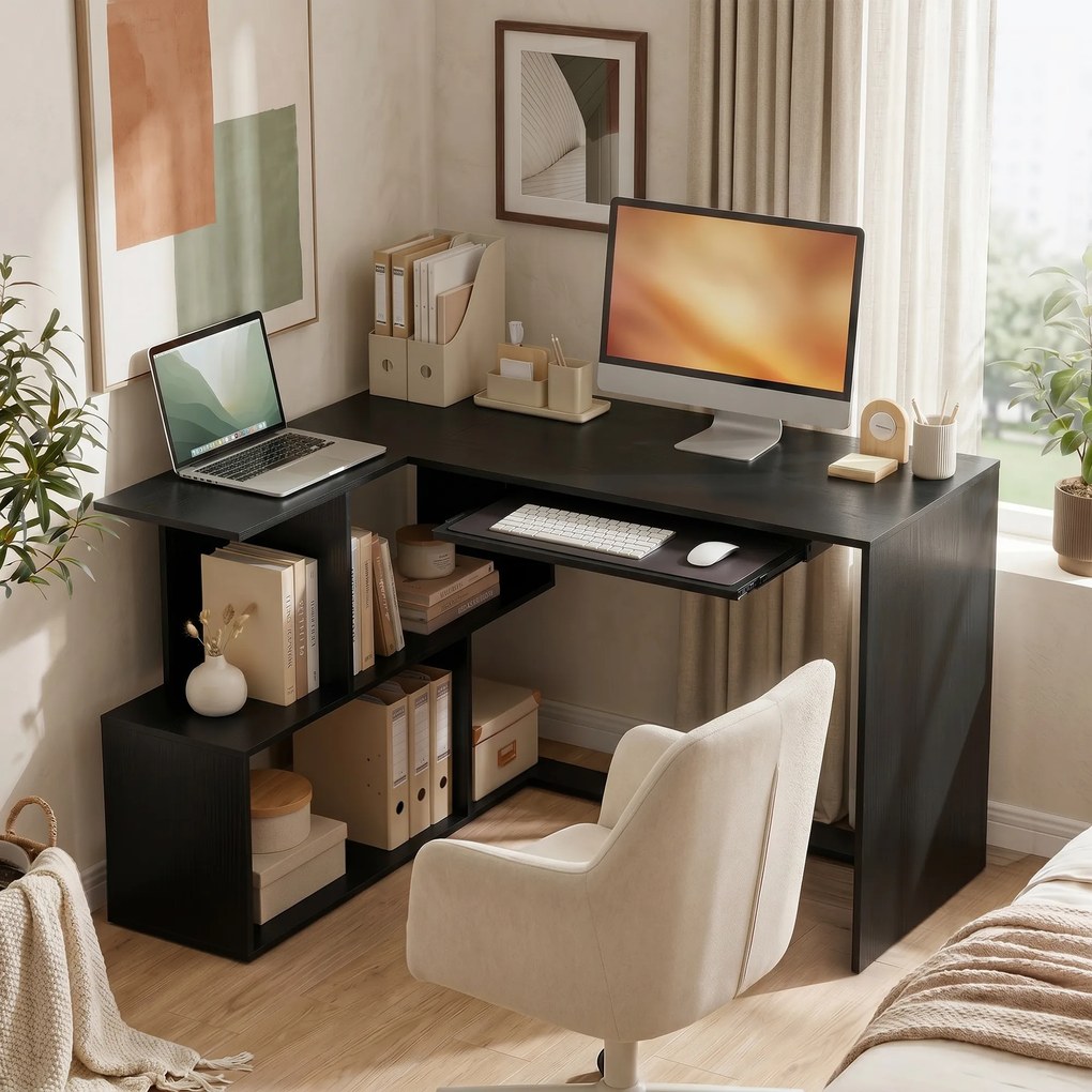 HOMCOM rohový stůl, 120 x 100 x 76 cm, L‑tvar psací stůl s výsuvem na klávesnici, 4 otevřené přihrádky, černý