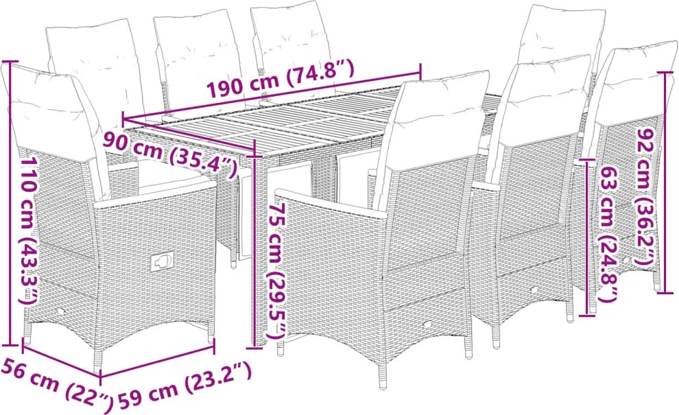 9dílný zahradní bistro set s poduškami šedý polyratan 3276972