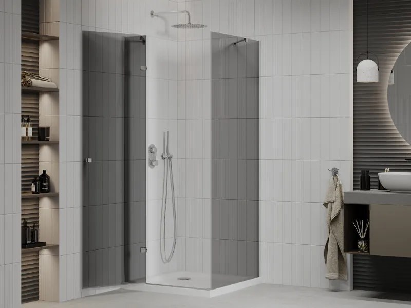 Mexen Roma, sprchový kout s 1-křídlými dveřmi 70 (dveře) x 70 (stěna) cm, 6mm šedé sklo, chromový profil + slim sprchová vanička 5cm bílá, 854-070-070-01-40-4010