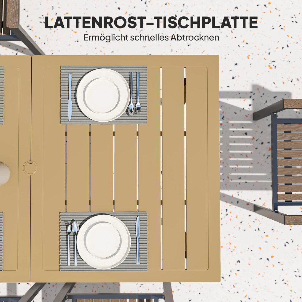 Zahradní stůl 150x90cm, ocelový balkonový stůl odolný proti povětrnostním vlivům, balkonový stůl s otvorem pro slunečník hnědý