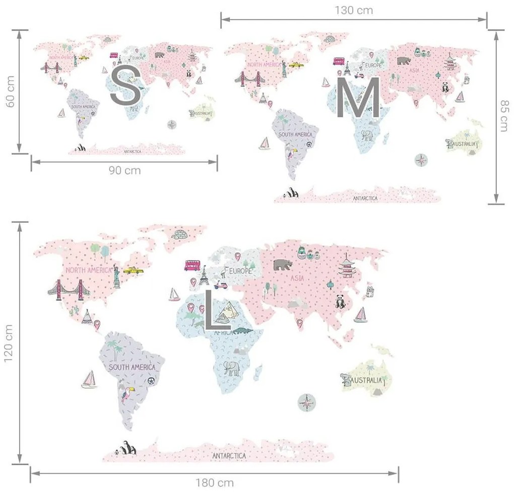 BAYO Samolepka na zeď Mapa L růžová