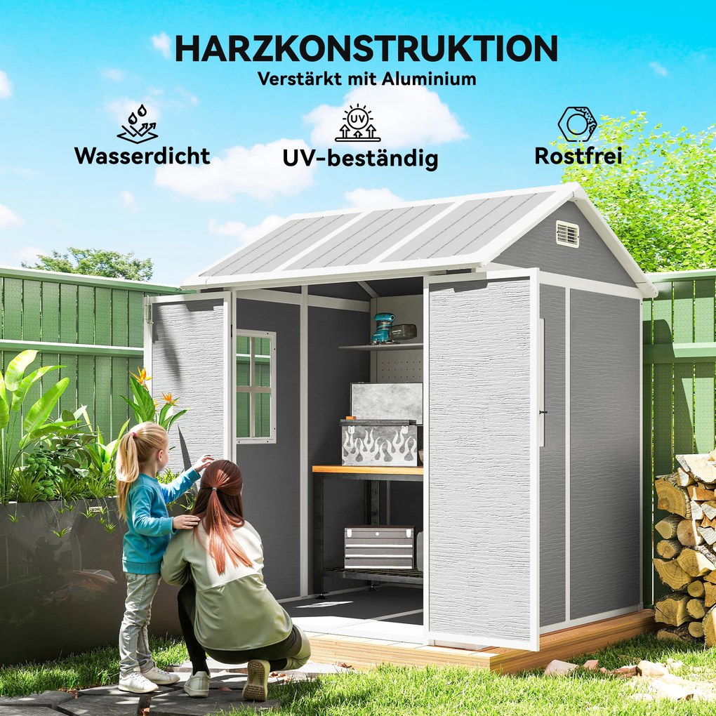 Zahradní kůlna Outsunny s povrchem připomínajícím staré dřevo, 2,91 m², s dvojitými dveřmi a zámkem, šikmou střechou, 181x181x220 cm, šedá