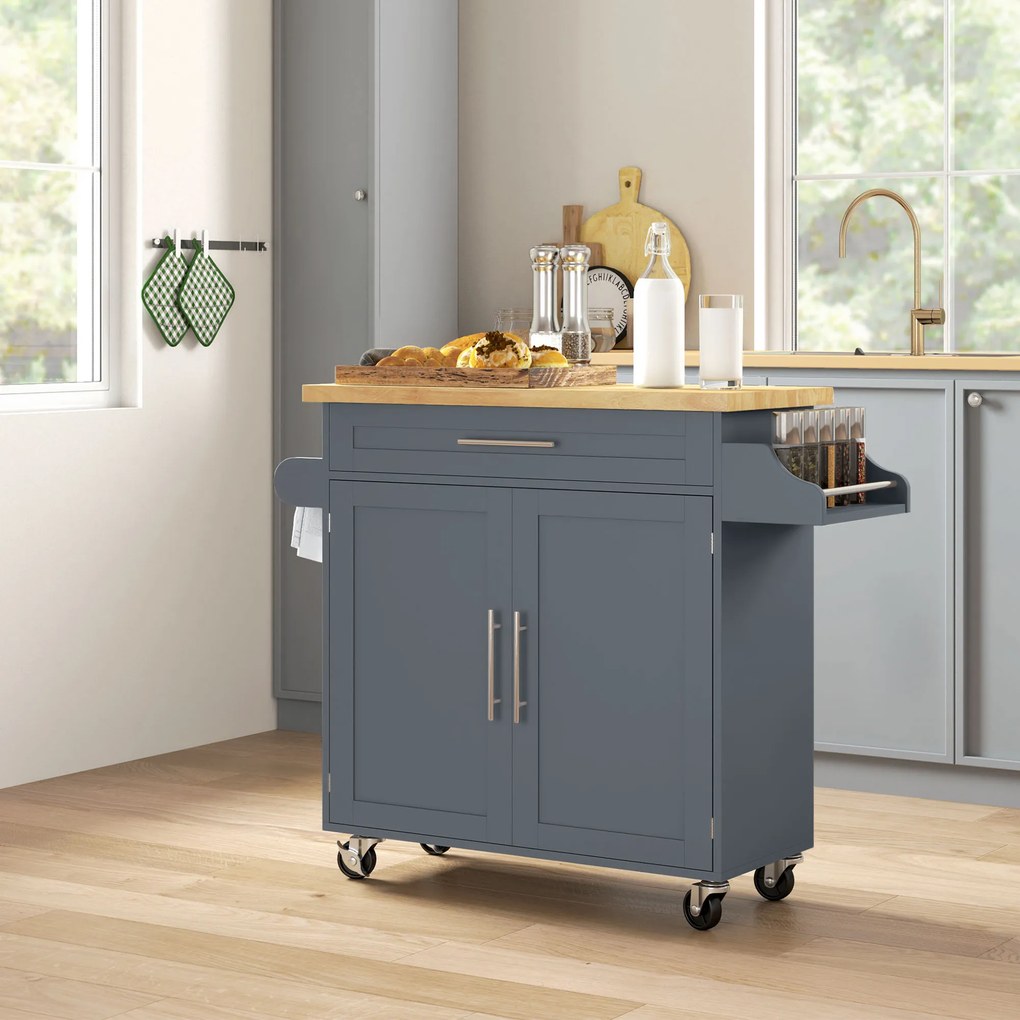 HOMCOM Víceúčelový Kuchyňský Vozík s Šuplíkem, Kolíky, Regálem na Koření, Skříňkou a Horní Deskou z Gumového Dřeva, 109x40x89 cm, Šedý