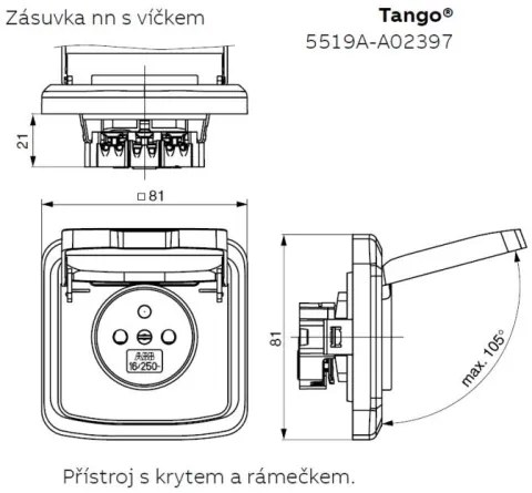 ABB Tango zásuvka s víčkem šedá 5519A-A02397 S s clonkami