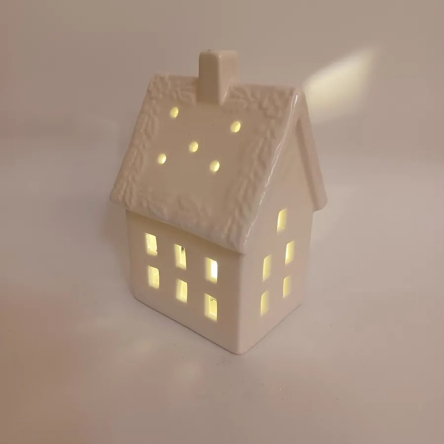 LED dekorace keramický domeček, 8,5 × 6,9 × 12,9 cm, teple bílá, 2× LR44