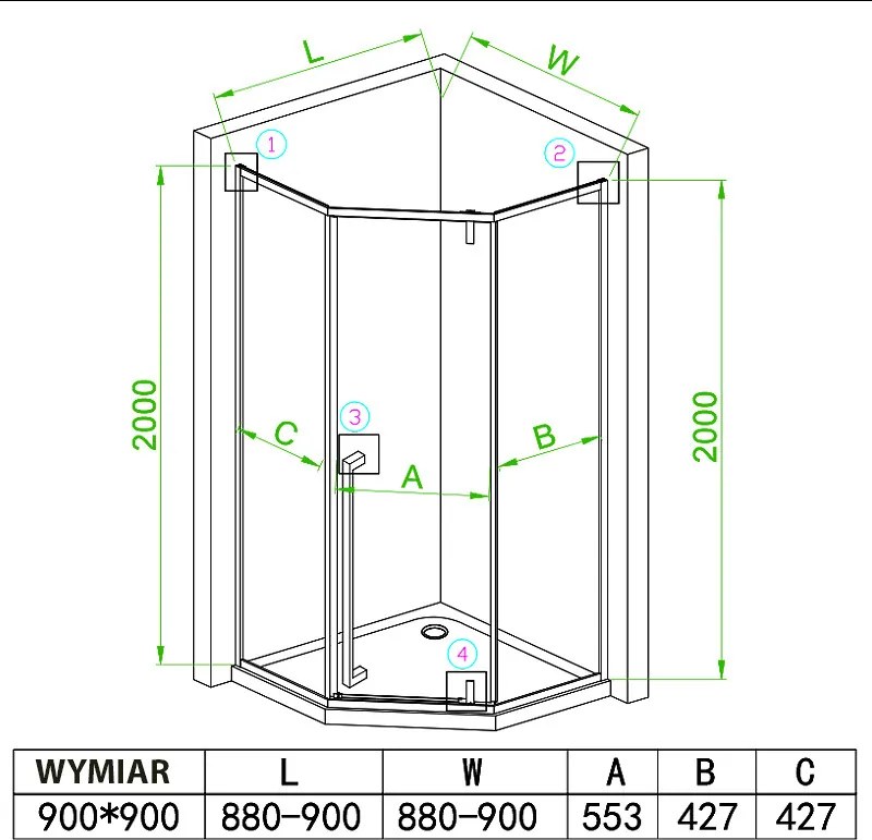 BPS-koupelny Pětiúhelníkový sprchový kout HYD-PK07B 90x90 černá/transparent + vanička HYD-PSV-SXL07B černá