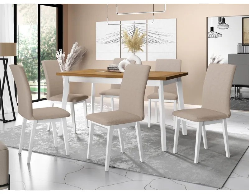 Jídelní stůl se 6 židlemi AL23, Barva dřeva: dub grandson - L, Potah: Hygge D91, Barvy nožiček: Bíla