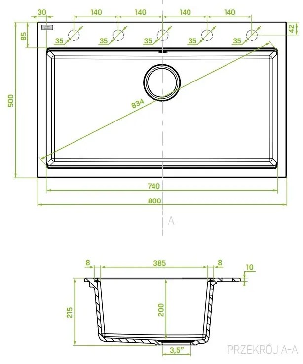 Laveo Tau, 1-komorový granitový dřez 800x500x215 mm, černá, LAV-SBT_B108