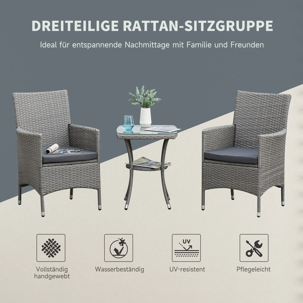 Souprava zahradního nábytku Outsunny Poly Rattan, venkovní lounge nábytek na balkon pro 2 osoby, 3-dílná sedací souprava, 2 křesla, stůl a polstry, z…