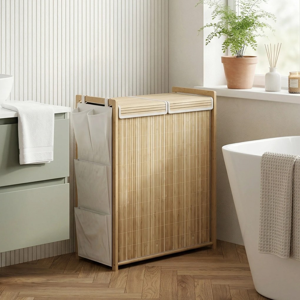 HOMCOM 120 l bambusový koš na prádlo s víkem, 2 přihrádky, snímatelné vaky se šňůrkou, boční kapsy, 63 × 33 × 78 cm, přírodní