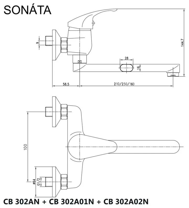 Mereo, Dřezová nástěnná baterie, Sonáta, s ramínkem plochým rovným 210 mm, chrom, CB302N