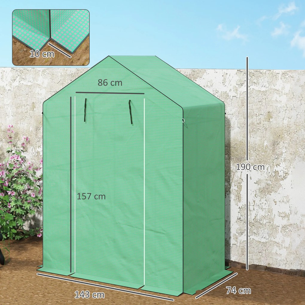 Skleník s policemi, miniskleník, odolný proti UV záření, síťované okno, dveře na zip, 143L x 74W x 190H cm, zelený