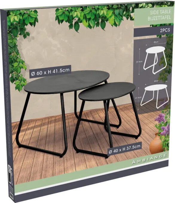 Sada kovových odkládacích stolků, Ø 40 cm, Ø 60 cm, černá barva