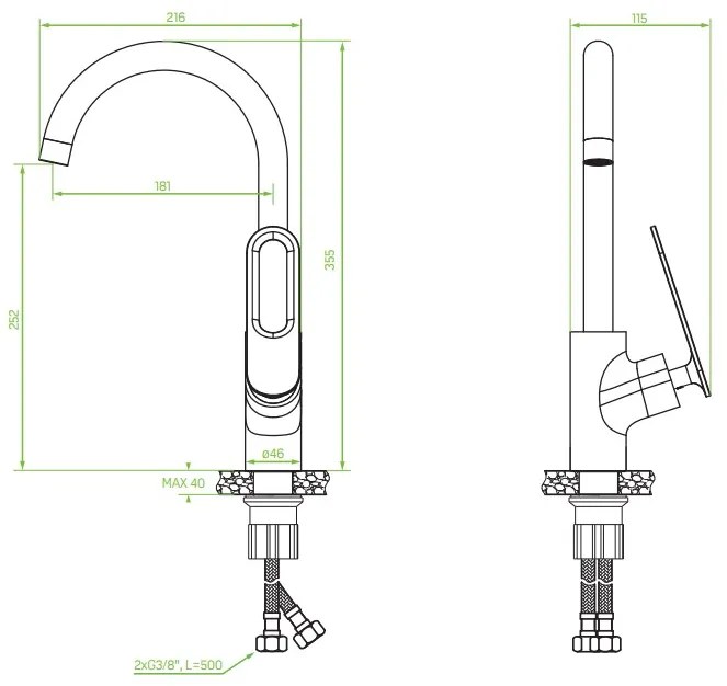 Laveo Tierra, dřezová baterie s výlevkou ve tvaru U h-355, měděná matná, LAV-BAJ_868D
