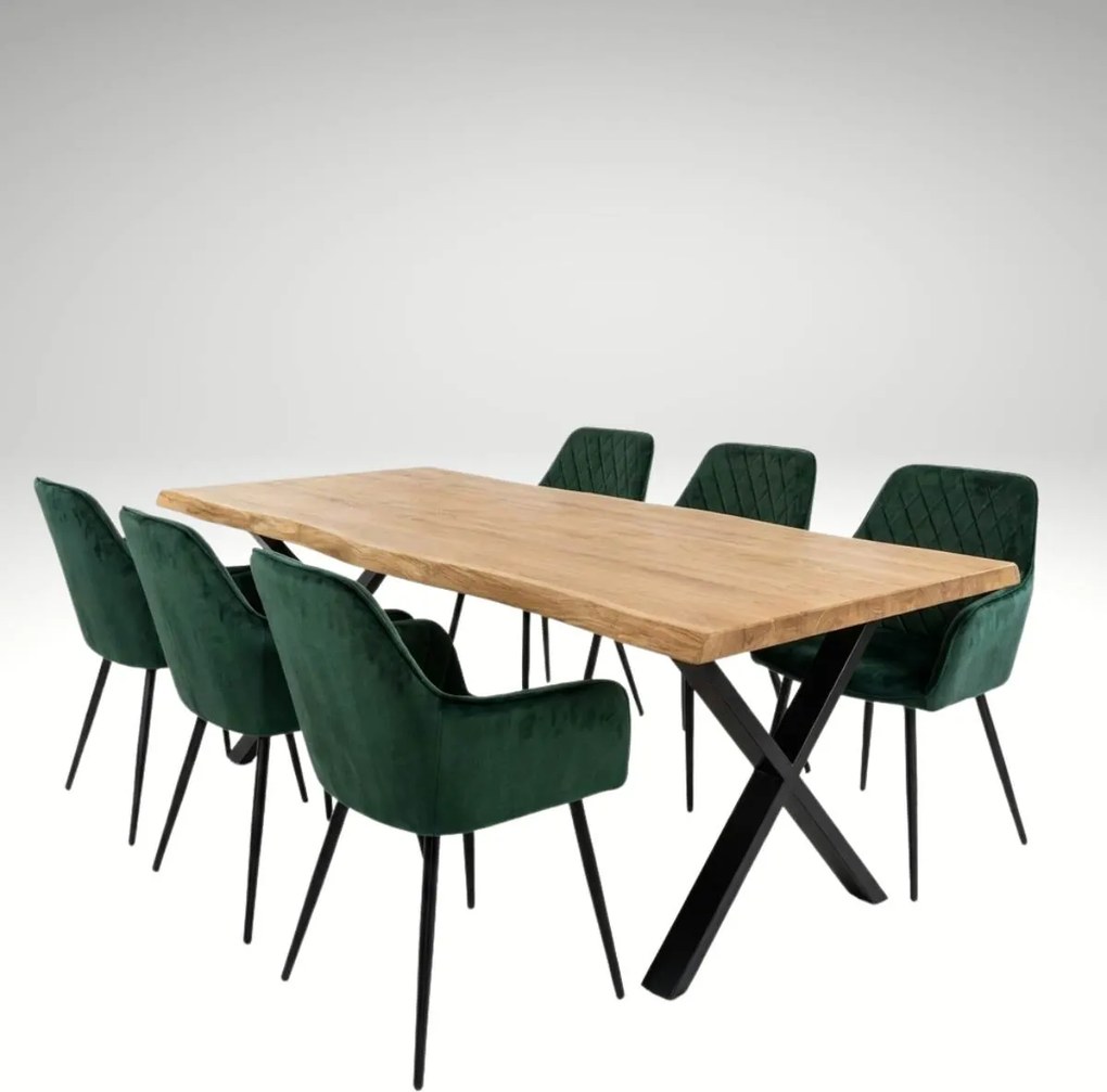 Vikio Jídelní set pro 6 osob 180x90 cm soft dub noha X zelená židle s područkami VJS228-6Z