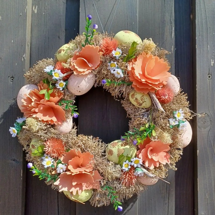 Velikonoční věnec na dveře 30 × 30 × 8 cm, růžové květy, plast, venkovní