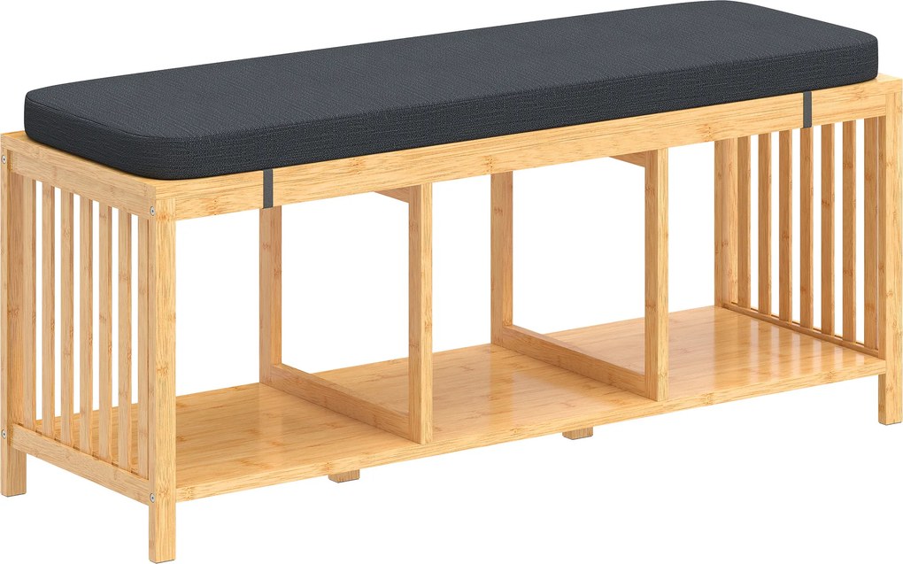 HOMCOM bambusová lavice na boty s polstrovaným sedákem a otevřenou policí do předsíně, 102 x 33 x 45 cm, přírodní