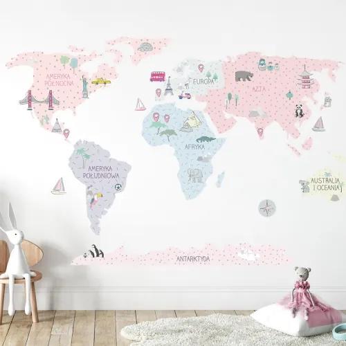 Pastelowe love Samolepka na zeď MAPA SVĚTA - Růžová Barva: M