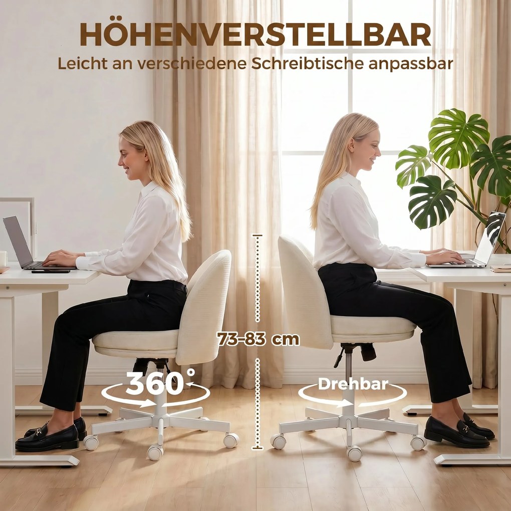 HOMCOM nastavitelná kancelářská židle – čenilový potah, náklon, 360° otočná, dvojvrstvý sedák, nosnost 120 kg, krémová