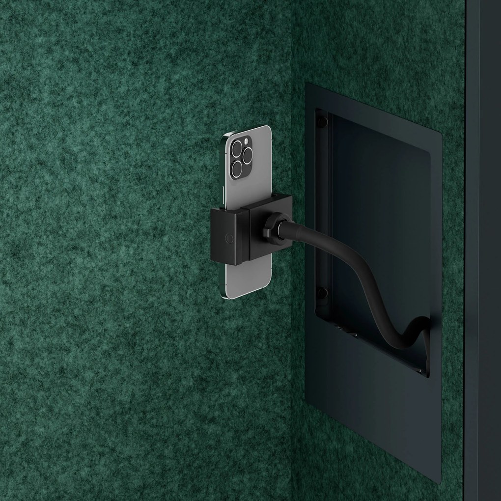Kancelářská akustická kabina se sedátkem a USB-C portem, korpus antracitový / sedák zelený, 1150 mm: SALLY MentalBox