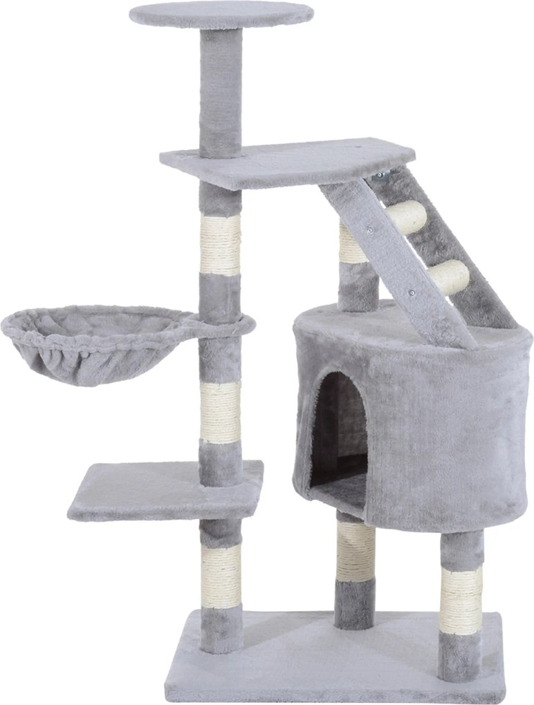 PawHut Škrabadlo pro Kočky Velké 55x40x125 cm Kočičí Věž s Kůly, Žebříkem, Prostornou Jeskyní, Houpacím Sítem a Různými Platformami Šedá | Aosom