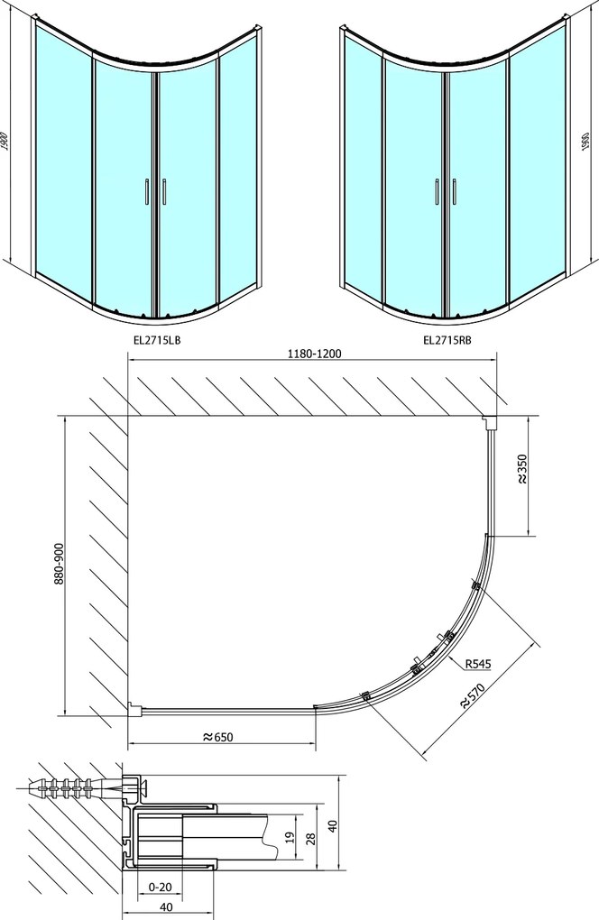 Polysan Polysan, EASY BLACK čtvrtkruhová sprchová zástěna 1200x900mm, L/R, čiré sklo, EL2715B