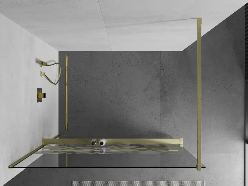 Mexen Kioto+, sprchová zástěna Walk-In s poličkou a věšákem 110 x 200 cm, 8mm čiré sklo bílý vzor, ​​zlatý matný profil, 800-110-121-55-85