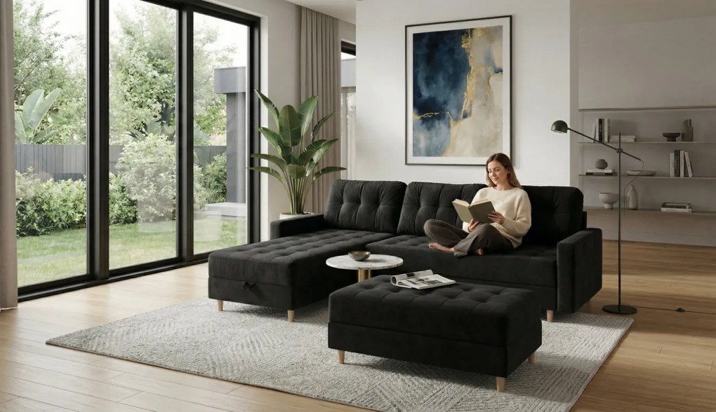 Rohová rozkládací sedací souprava do L LARGO, 220 cm, s úložným prostorem a multifunkčním taburetem Roh pohovky: Levý roh, Barva látky Kronos: Černá (Kronos 07)