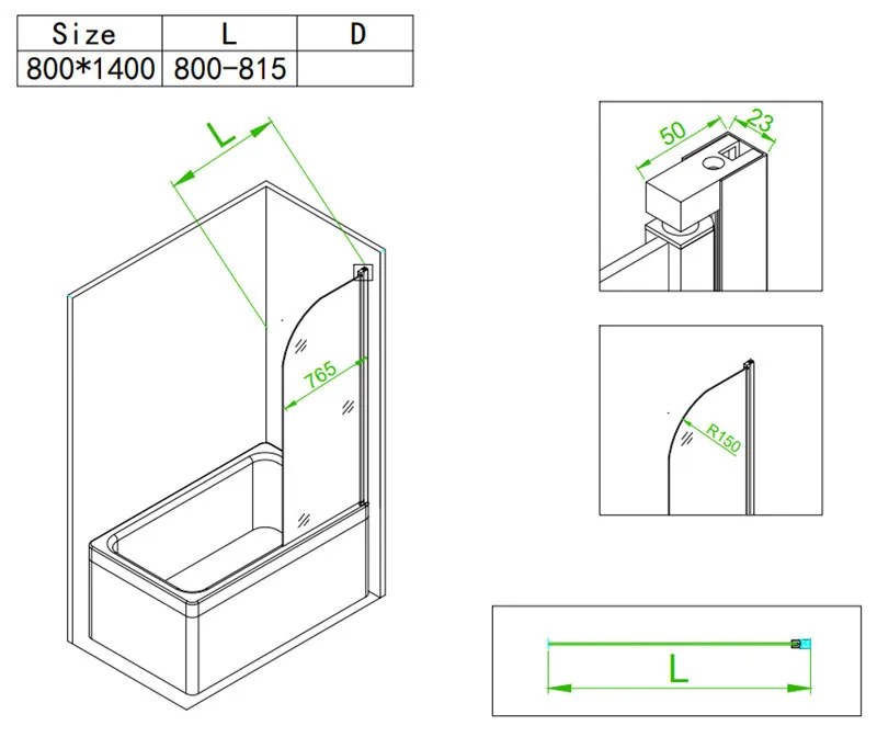 BPS-koupelny Jednodílná vanová zástěna HYD-PR01 80x140 černá/transparent
