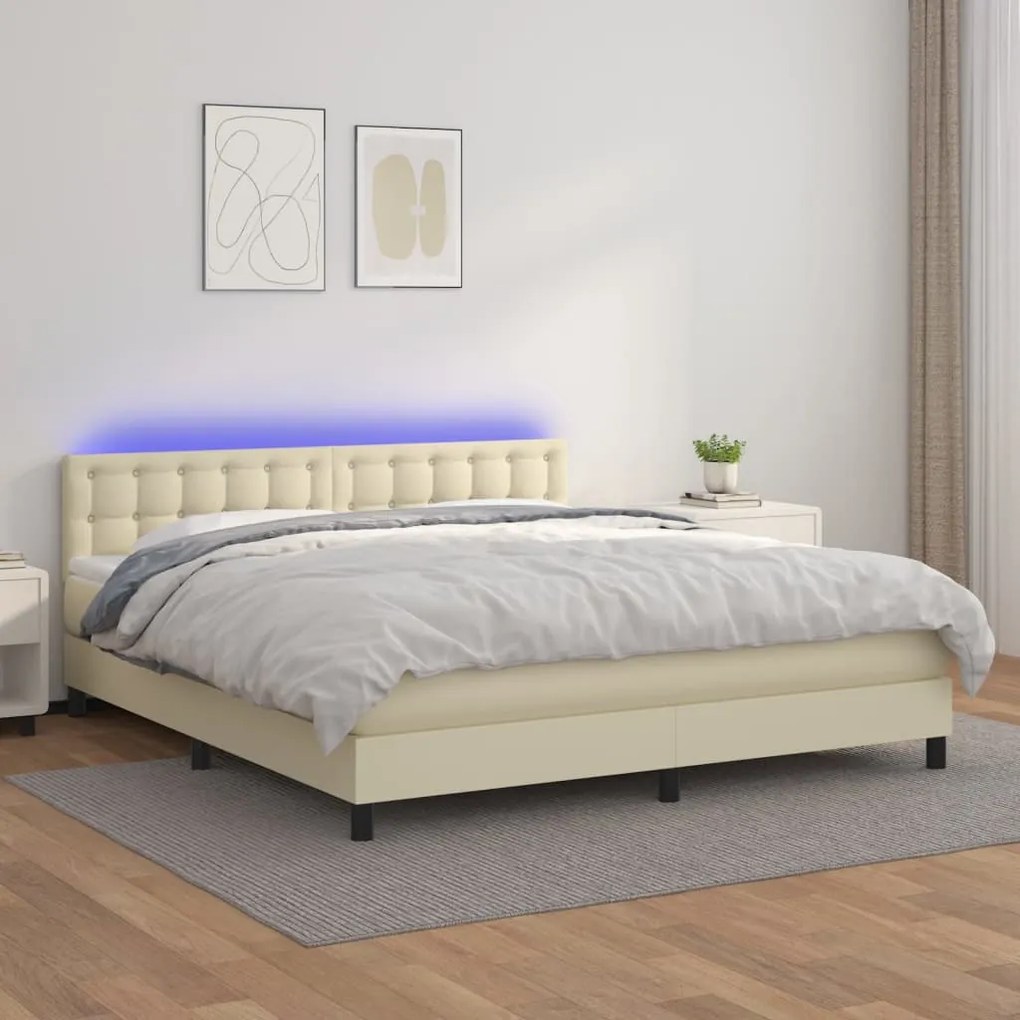 Box spring postel s matrací a LED krémová 160x200 cm umělá kůže 3134233