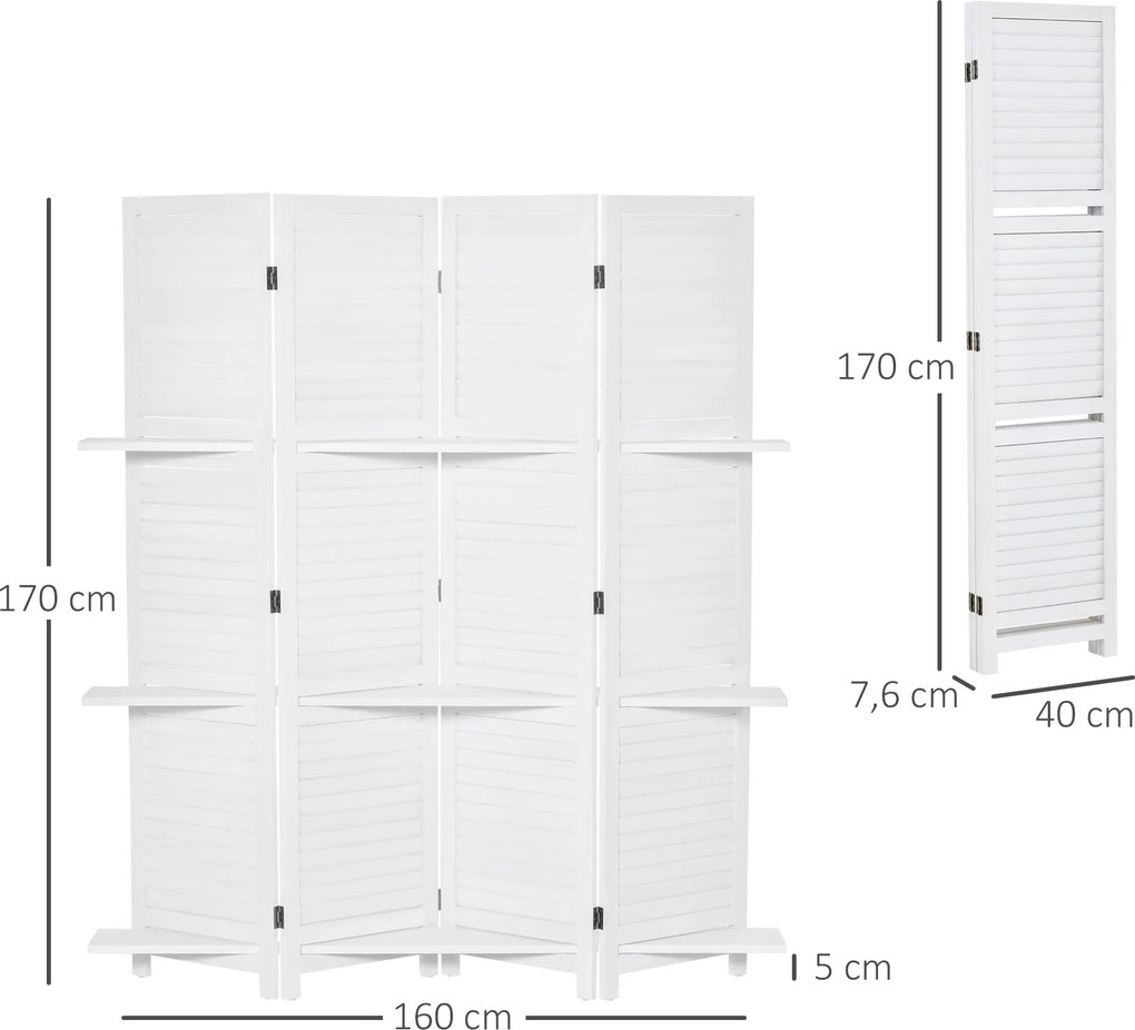 HOMCOM 4-panelový dřevěný paravan s skládacím designem a 3 odnímatelnými policemi pro ložnici a kancelář 160x170 cm Bílý