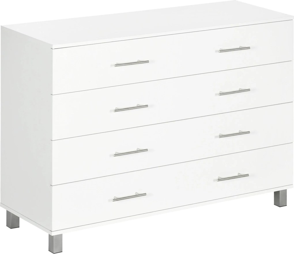 HOMCOM Komoda se 4 zásuvkami pro ložnici s nohami Moderní noční stolek do obývacího pokoje, kanceláře, předsíně 112x38,2x81 cm Bílá | Aosom