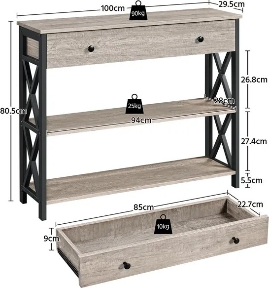 Odkládací stolek – šedá, 100 cm (délka) × 29,5 cm (šířka) × 81 cm (výška) (266429553012)