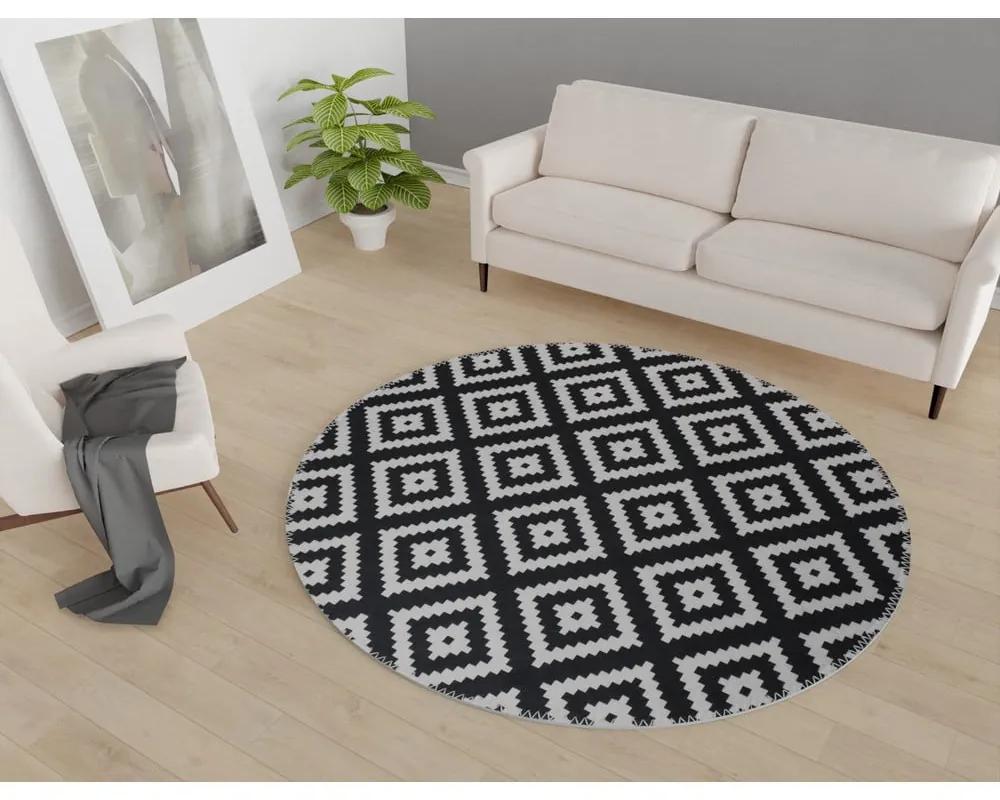 Černo-bílý pratelný kulatý koberec ø 120 cm – Vitaus