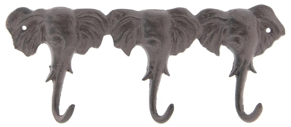 Hnědý nástěnný litinový věšák s háčky Elephants - 29*3*12 cm