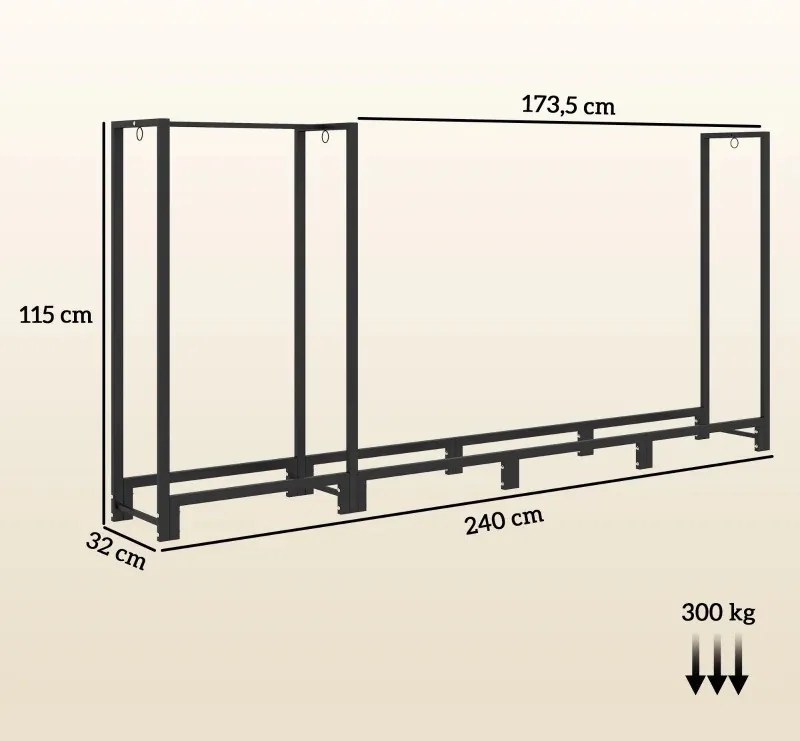 Outsunny Stojan na palivové dřevo, 240 x 32 x 115 cm | černý
