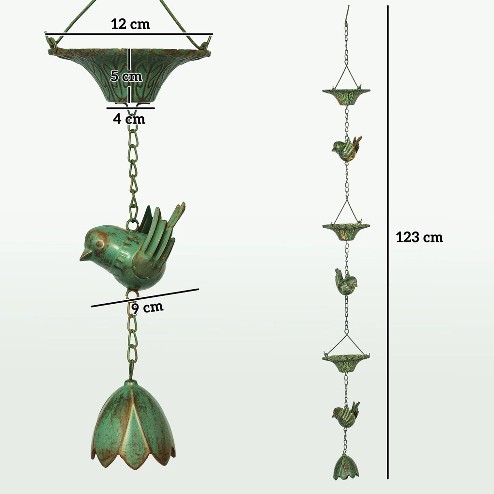 sada 3 dešťových řetězů 123cm kovový dešťový odtokový řetěz s připojeným závěsem Birds Bell Green