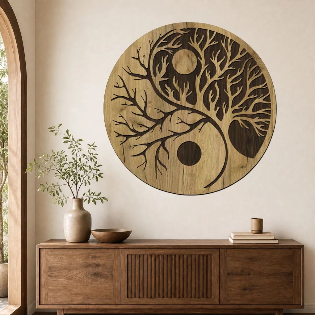 dřevo života 2 dílný dřevěný strom YING YANG na stěnu Zvolte barvu dekoru: Ořech-Dub Sonoma, Zvolte rozměr Ø (cm): 95
